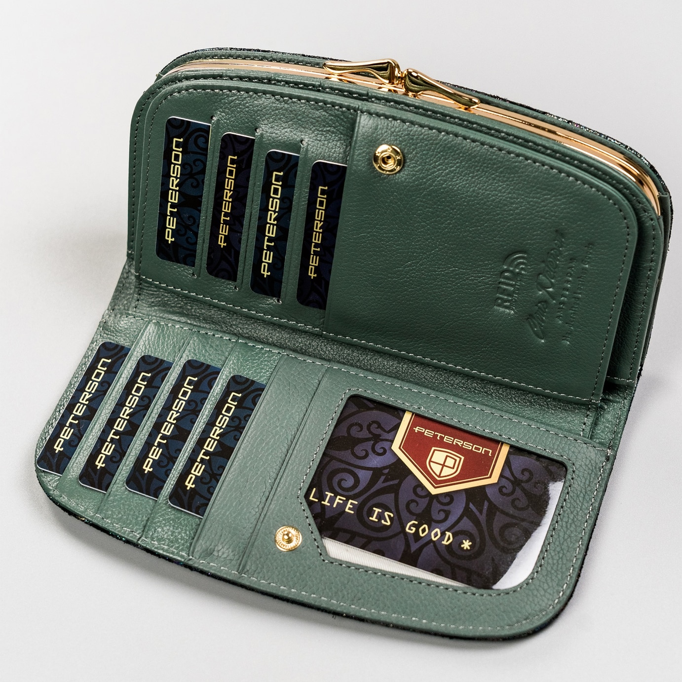 Portofel dama, PETERSON, Piele, 10 x 18,5 x 3,5cm, Verde - eMAG.ro