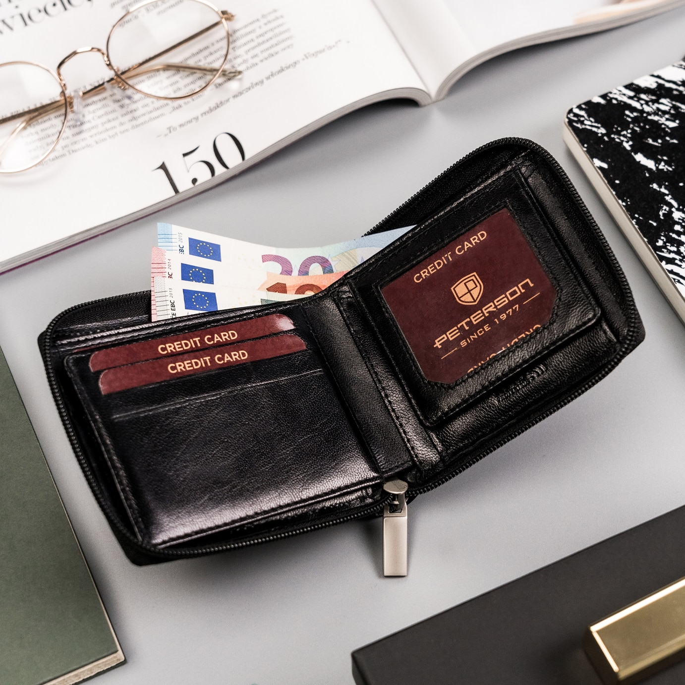 Portofel dama, PETERSON, Piele, 9,5 x 12 x 2,5cm, Negru - eMAG.ro