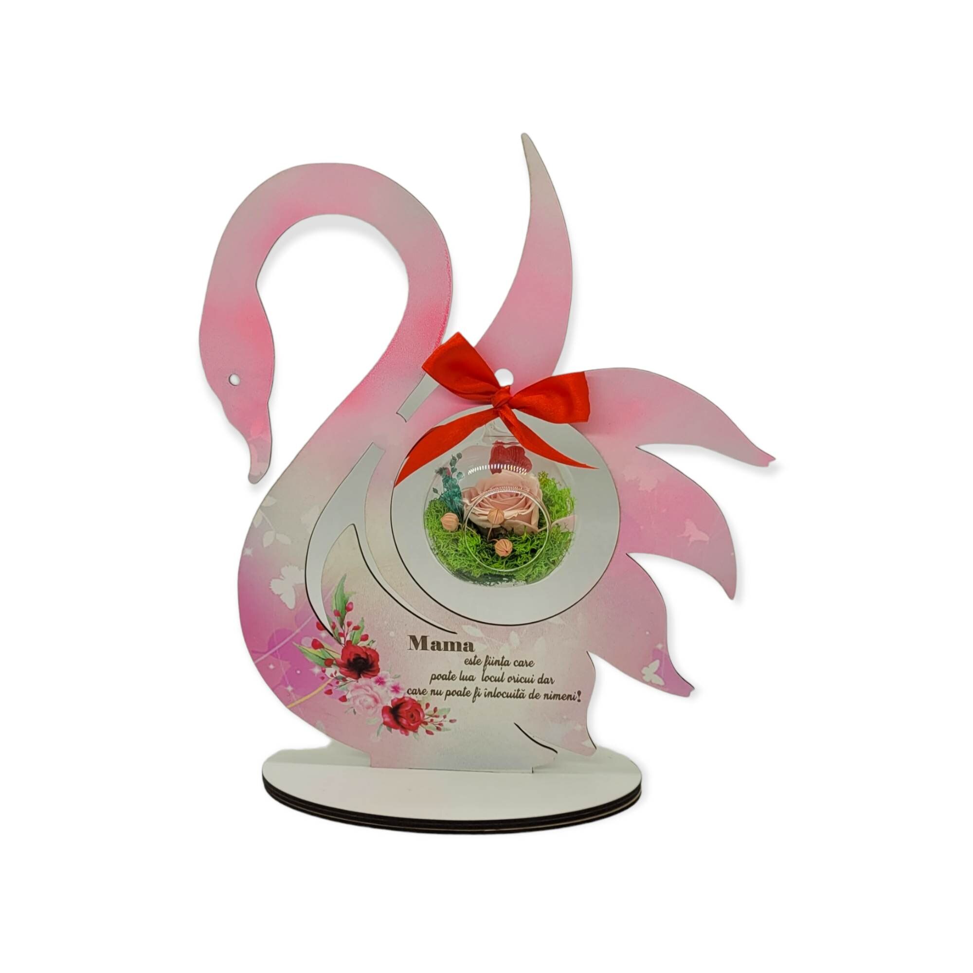 Aranjament lebada cu mesaj si trandafir criogenat roz, 25cm Crioflora ...