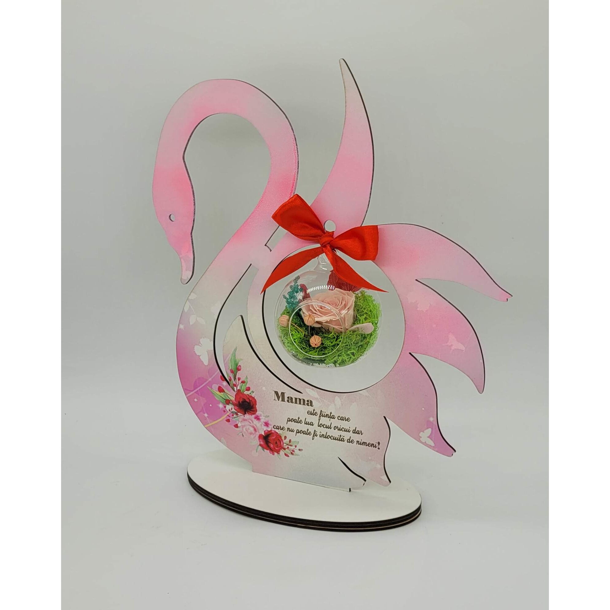 Aranjament lebada cu mesaj si trandafir criogenat roz, 25cm Crioflora ...