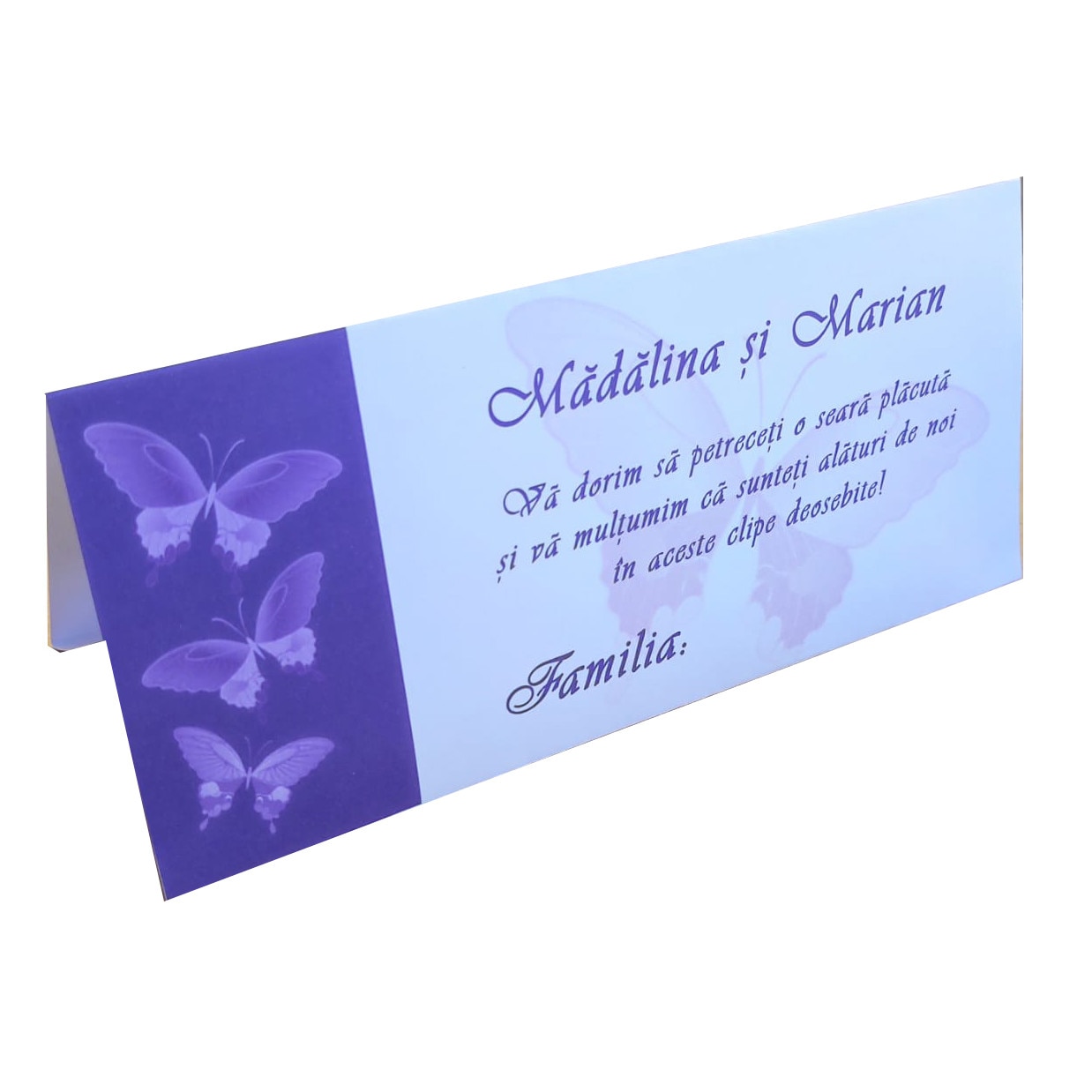 Plic dar nunta, set 10 buc, model fluturi mov, text personalizat, 21x9 ...