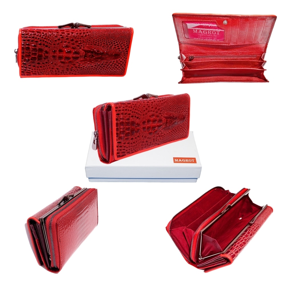 Portofel din piele naturala, lacuita rosu, model in relief 3d, aligator ...