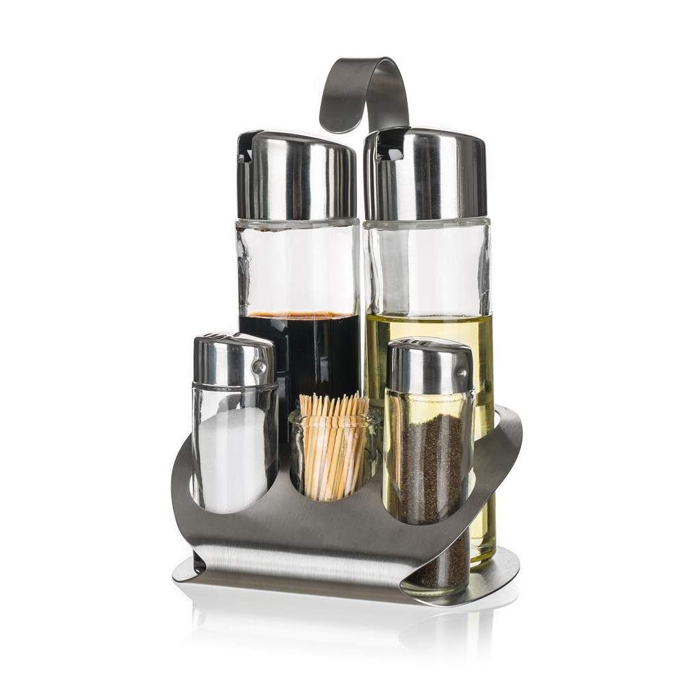 Set dispenser condimente, 6 bucati, Sticla, Inox, Transparent, Negru ...