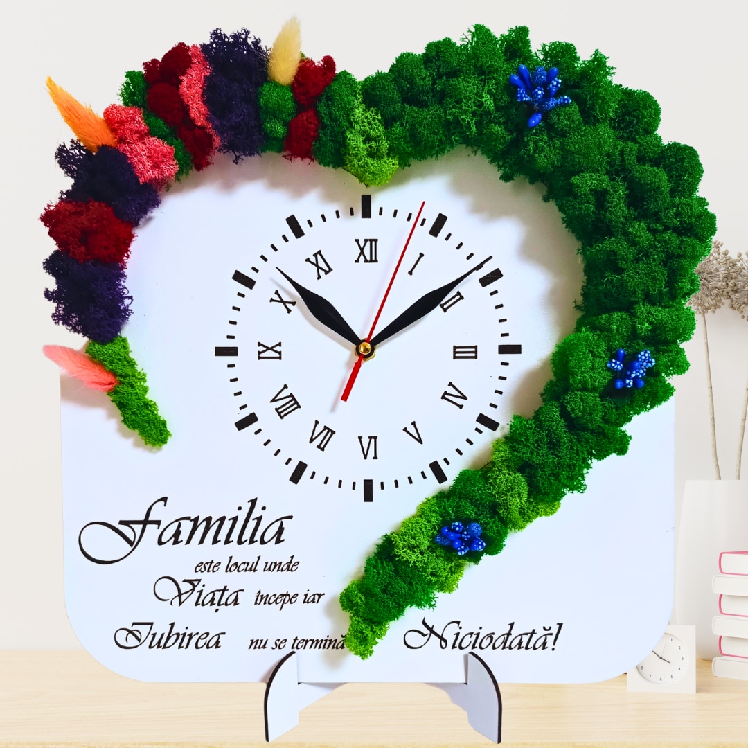 Ceas Inima cu licheni stabilizati naturali si flori decorative ...