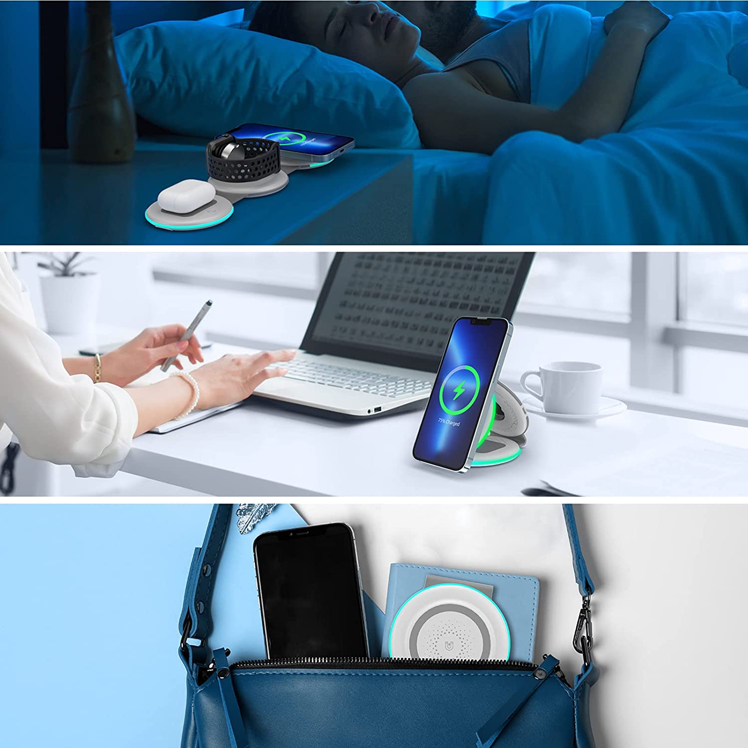 Incarcator Wireless 3 in 1 GLAMIUM®, Fast Charge 15W, Pliabil, Statie ...