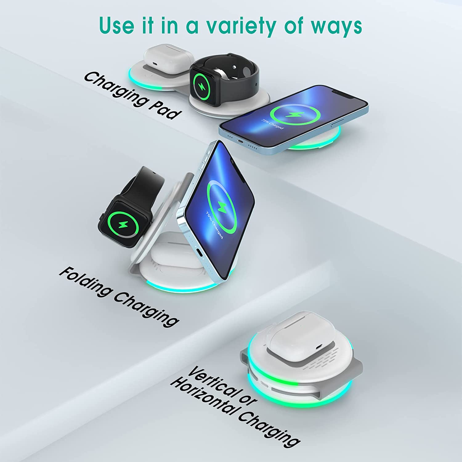 Incarcator Wireless 3 in 1 GLAMIUM®, Fast Charge 15W, Pliabil, Statie ...