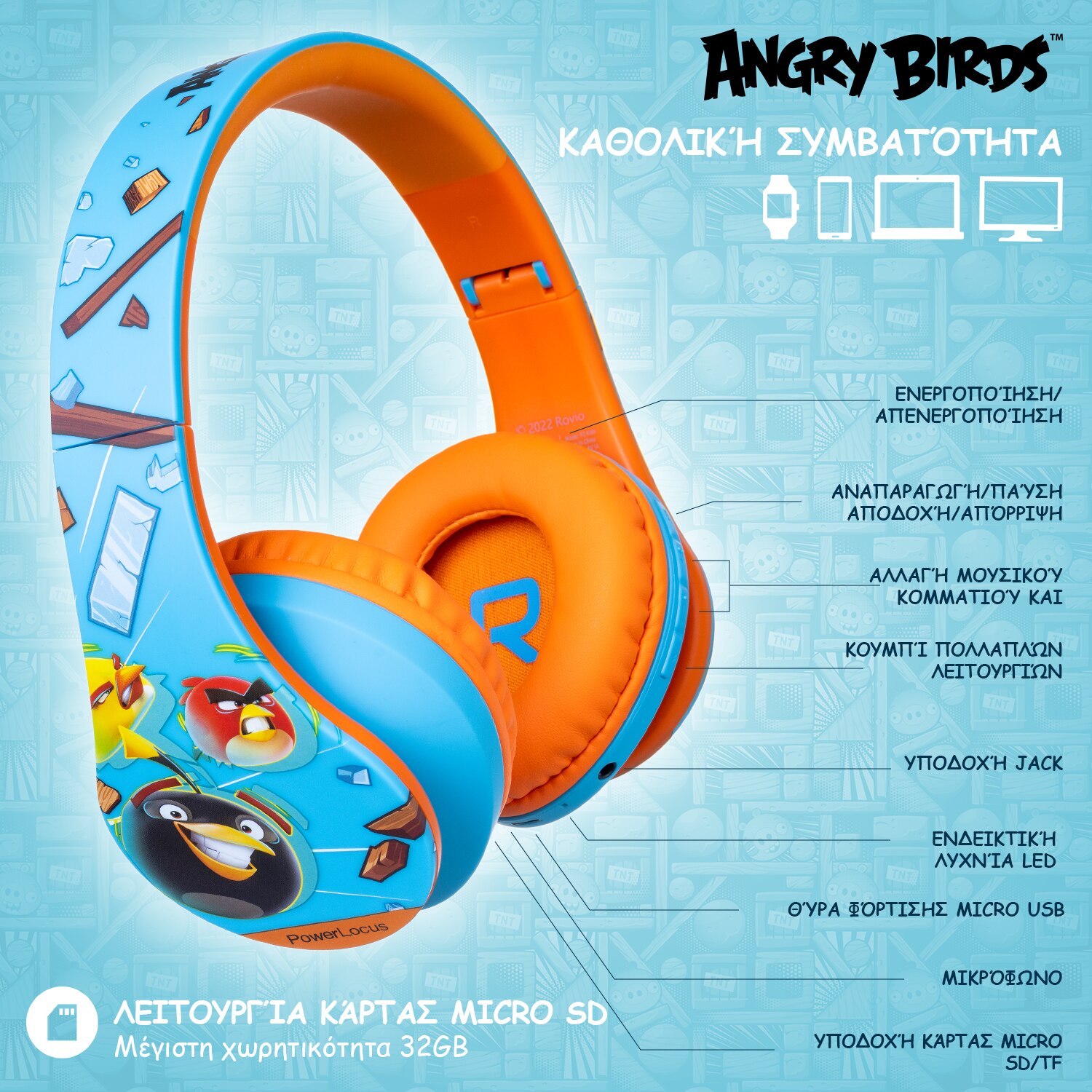 Casti Audio pentru copii, wireless, PowerLocus Angry Birds, Portocaliu ...