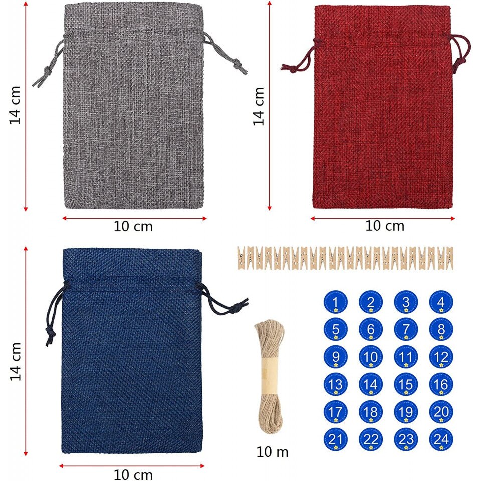 Адвент календар Raylarnia, с 24 торбички и стикери, текстил, червен/син ...