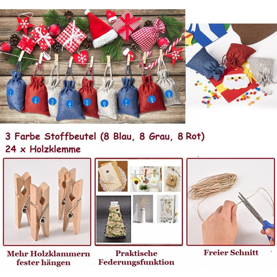 Адвент календар Raylarnia, с 24 торбички и стикери, текстил, червен/син ...