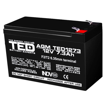 Acumulator AGM VRLA 12V 7,3A, dimensiuni 151mm x 65mm x h 95mm, F2, TED ...