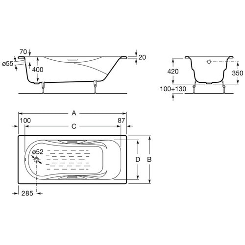 Cada de Baie Rectangulara Roca Malibu, 170x75x42 cm, Fara Manere ...