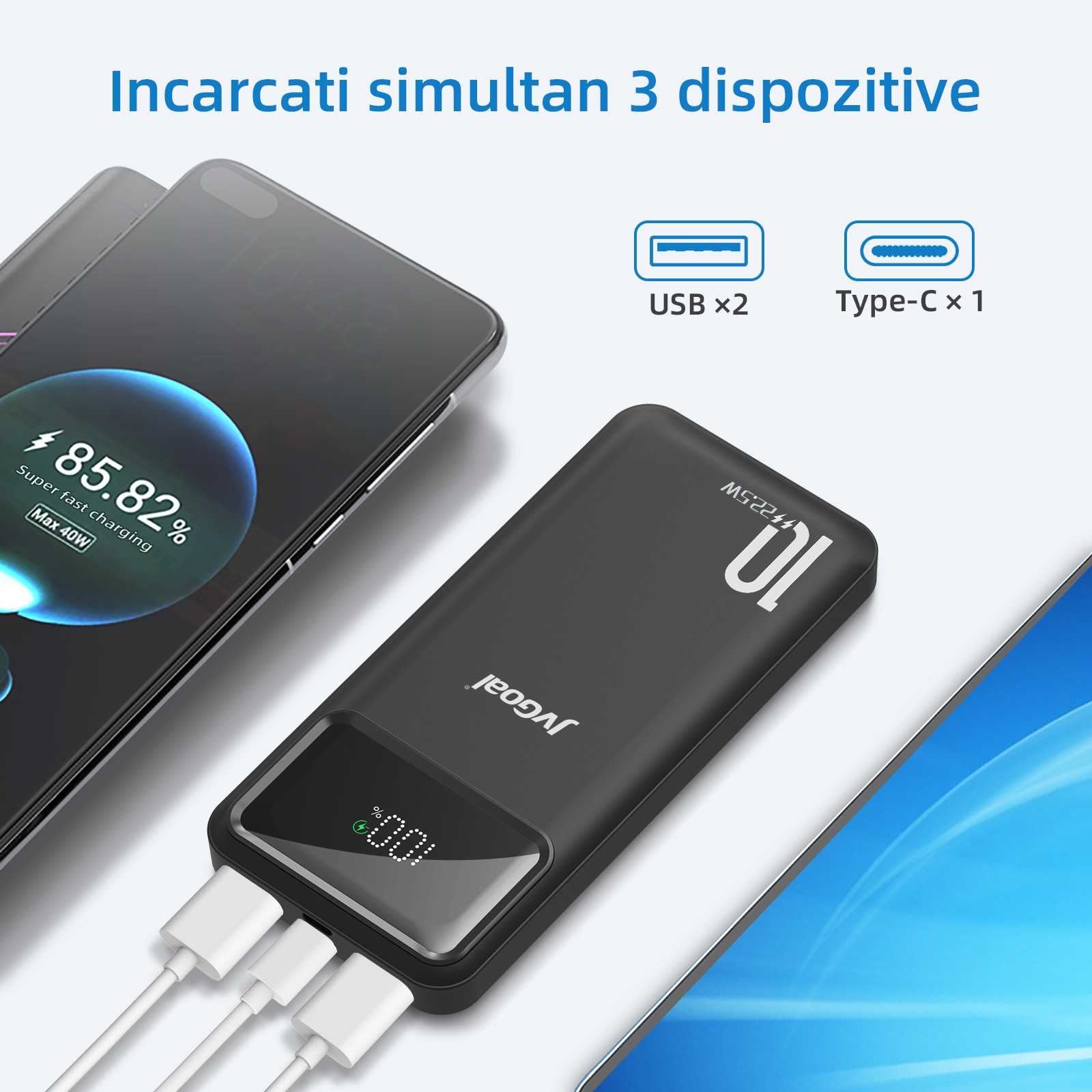 Acumulator extern JvGoal® 10000mAh, Fast Charge, 2×USB, Type C 22.5W power delivery, Micro ...