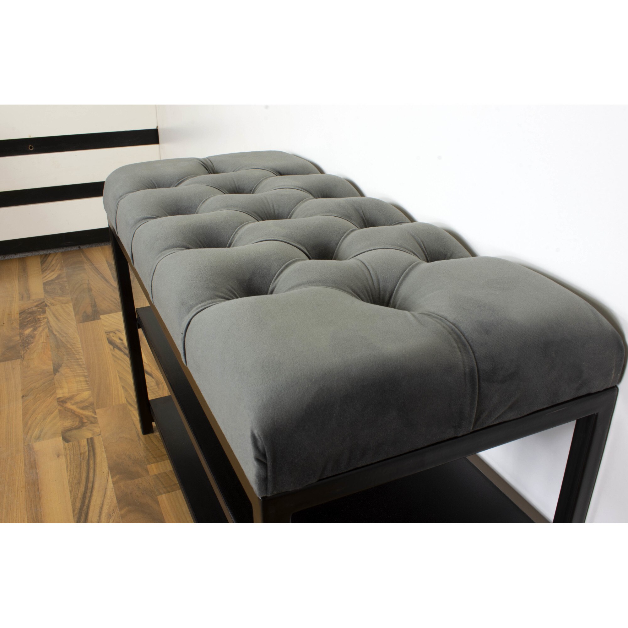 Pantofar tip bancuta tapitata, 70x32x46 cm, cadru metalic simplu negru ...