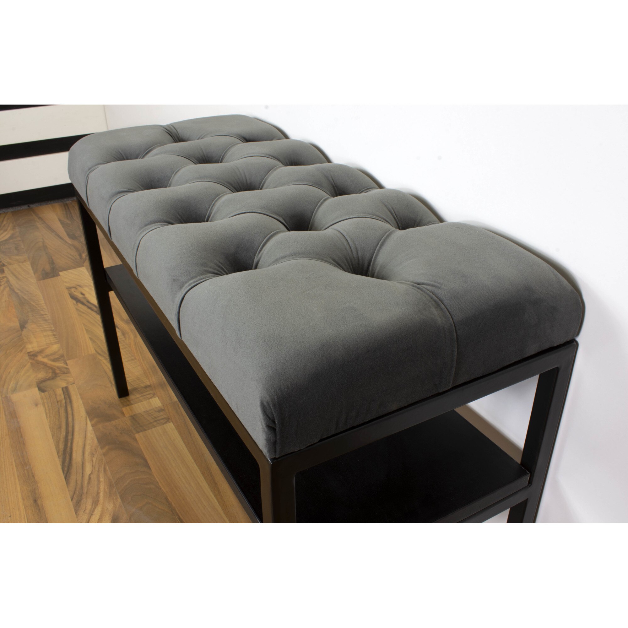 Pantofar tip bancuta tapitata, 70x32x46 cm, cadru metalic simplu negru ...