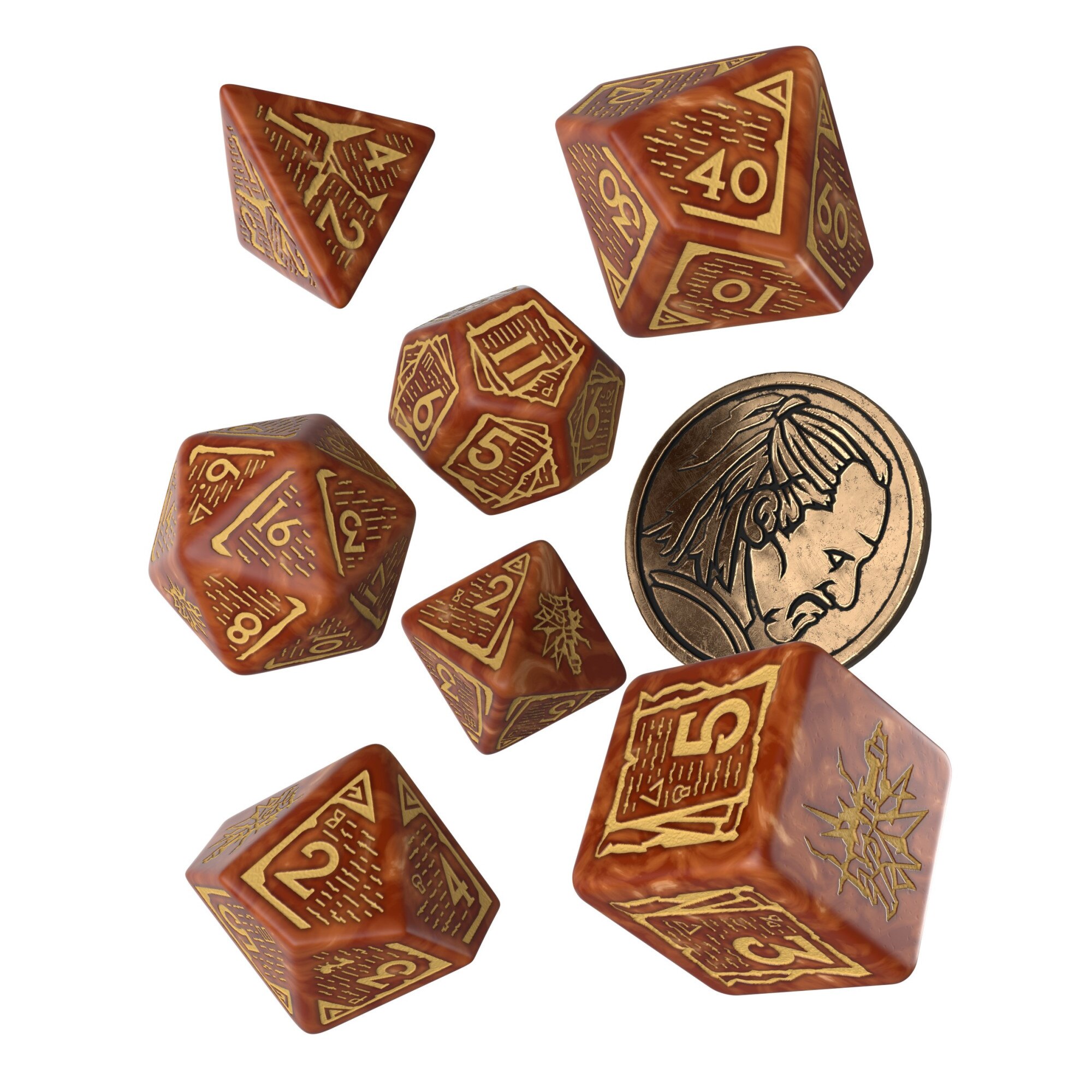Set 7 zaruri de joc si moneda The Witcher Vesemir, Acrilic, Maro - eMAG.ro