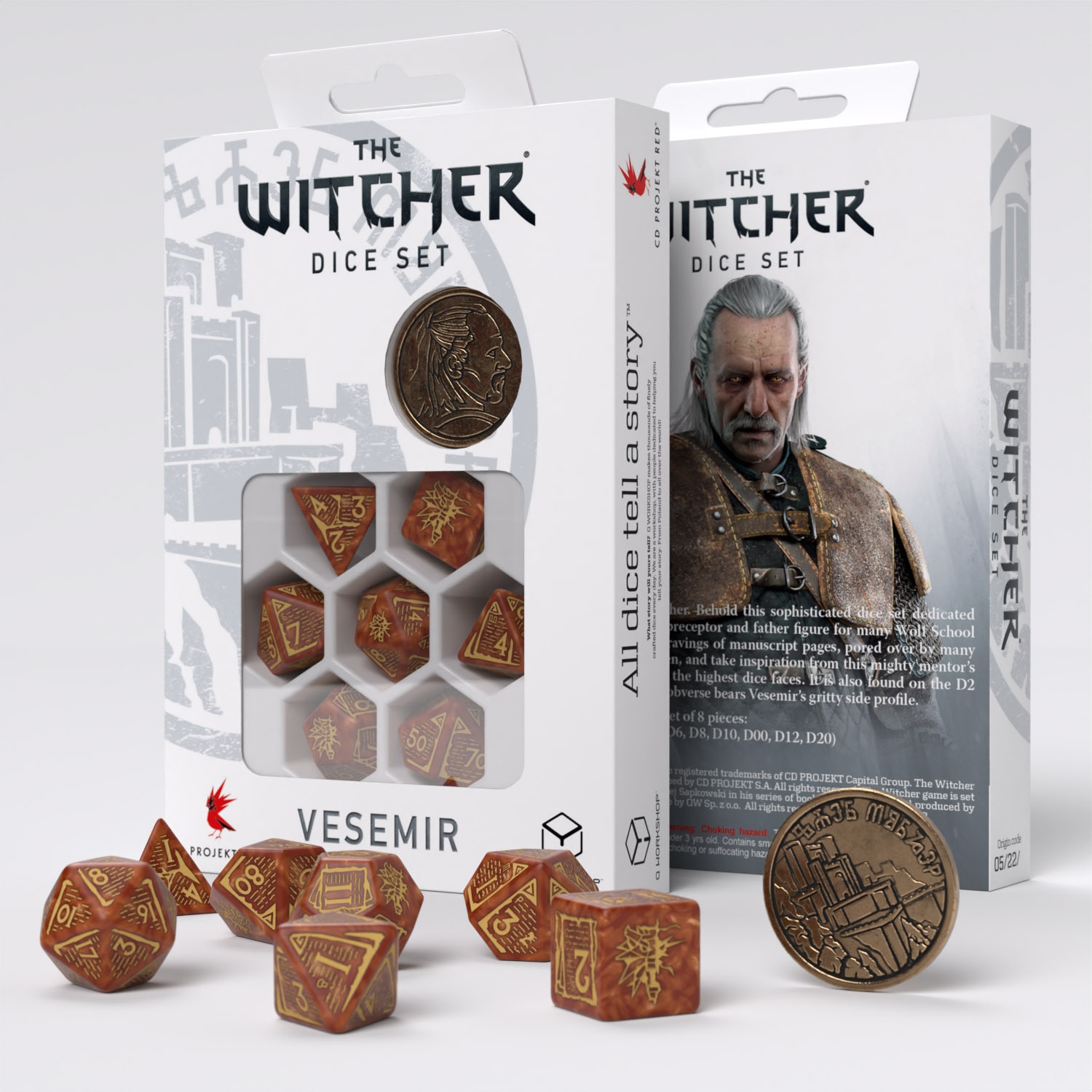 Set 7 zaruri de joc si moneda The Witcher Vesemir, Acrilic, Maro - eMAG.ro