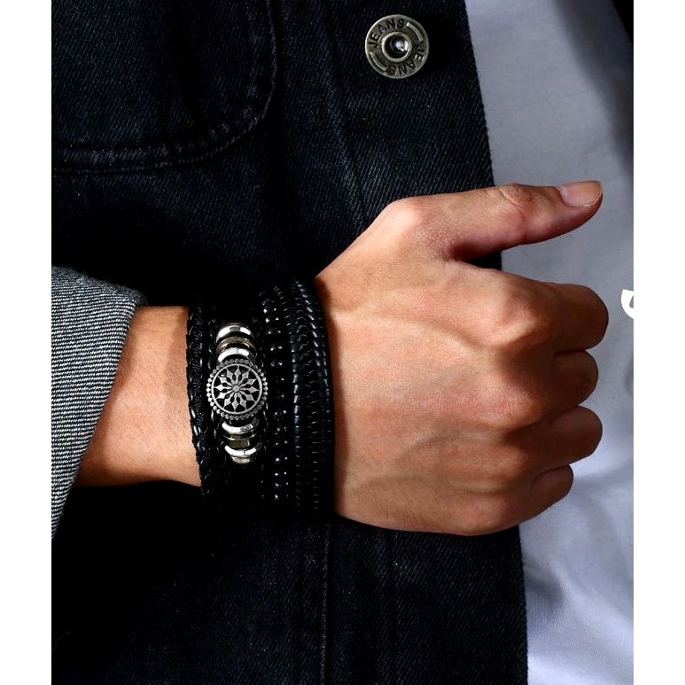 Set bratari barbatesti, Edibazzar, Piele ecologica/Otel, Negru - eMAG.ro