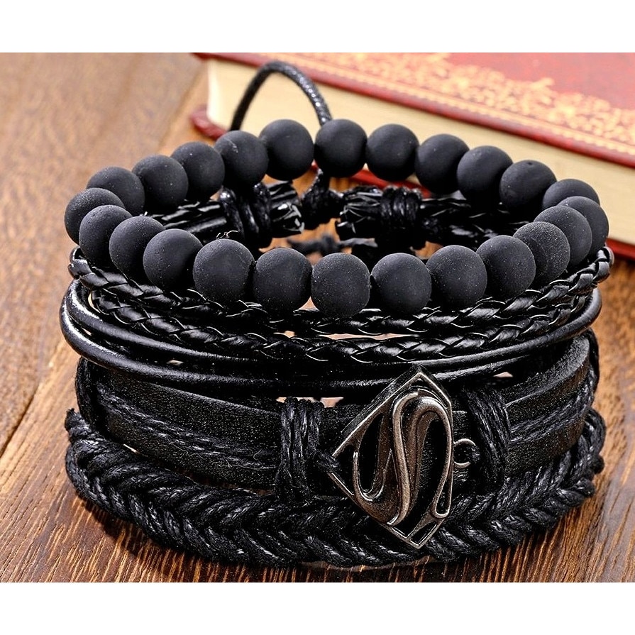 Set bratari barbatesti Superman, Edibazzar, Piele ecologica/Otel, Negru ...