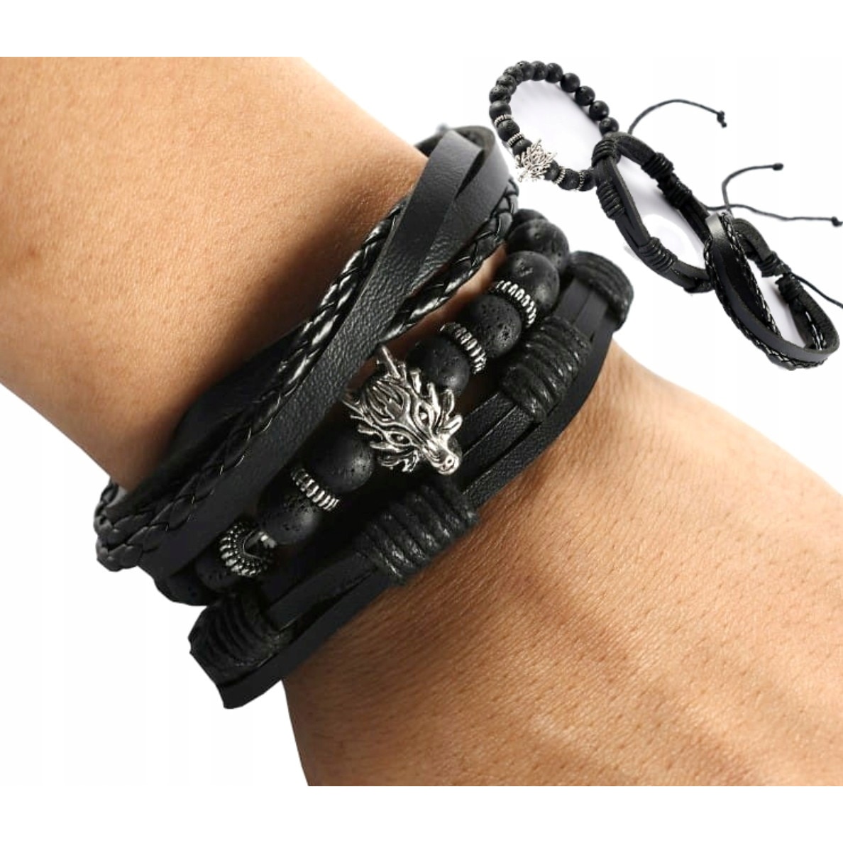 Set 3 bratari barbatesti, Edibazzar, Piele ecologica/Otel inoxidabil ...