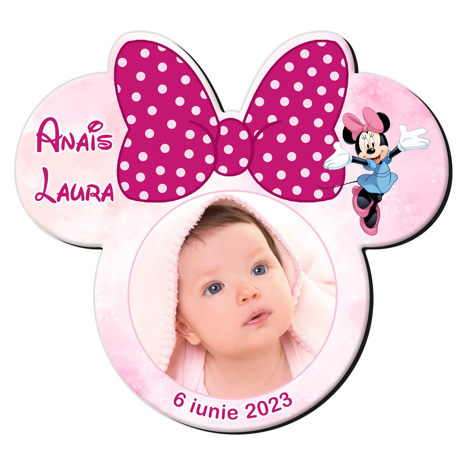 Set 10 bucati, Marturii botez, Magneti Minnie Mouse, fundal roz - eMAG.ro