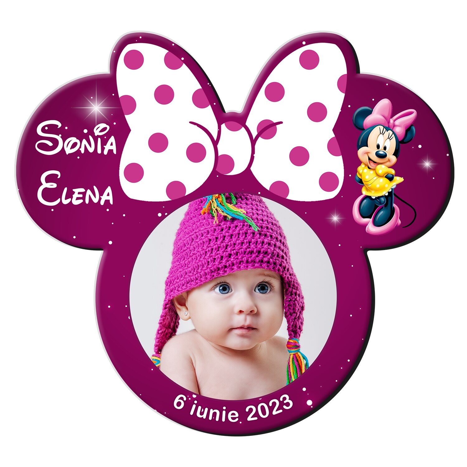 Set 10 bucati, Marturie botez magnetica Minnie Mouse, fundal magenta ...