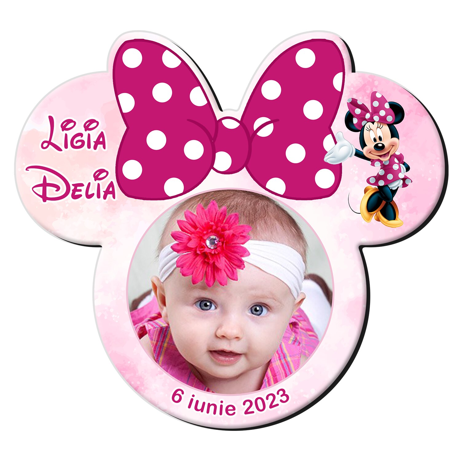 Set 10 bucati, Marturie magnetica botez Minnie Mouse, fundal roz - eMAG.ro
