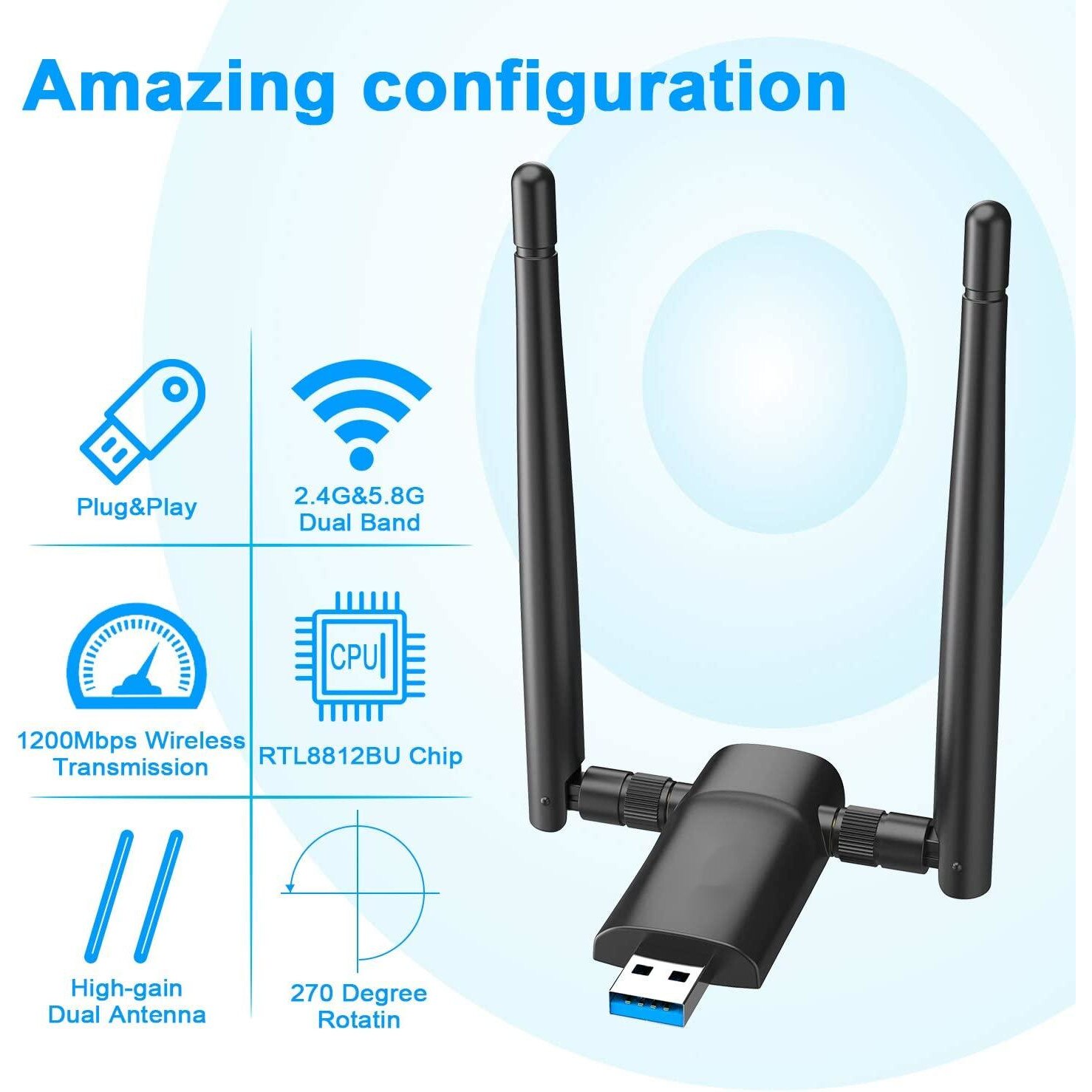 Excitat WiFi adapter, Két antenna, USB, 1200 Mbps, Fekete - eMAG.hu