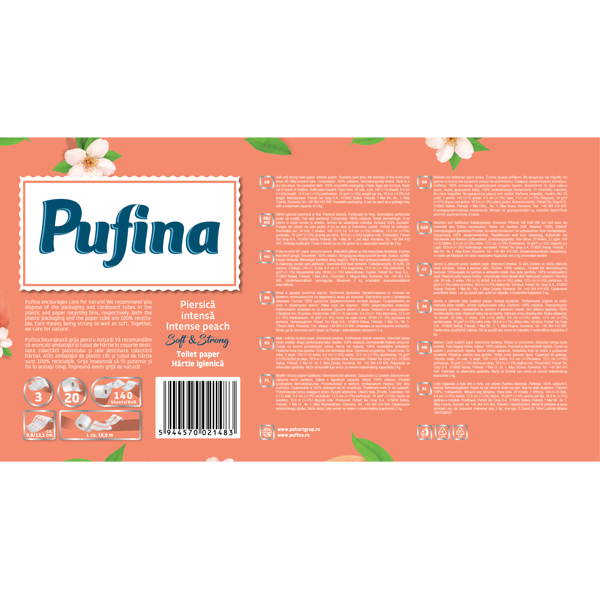 Hartie igienica Pufina Piersica, 20 role, 3 straturi - eMAG.ro