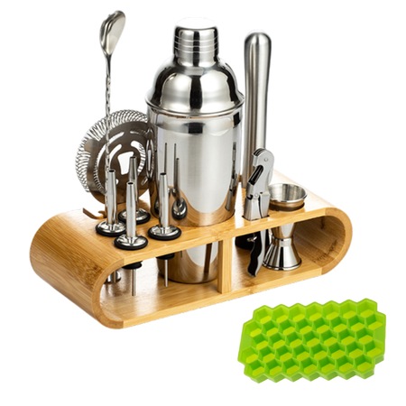 Set barman, 12 Piese, Bambus/Inox/Silicon, 750ml, Multicolor - eMAG.ro