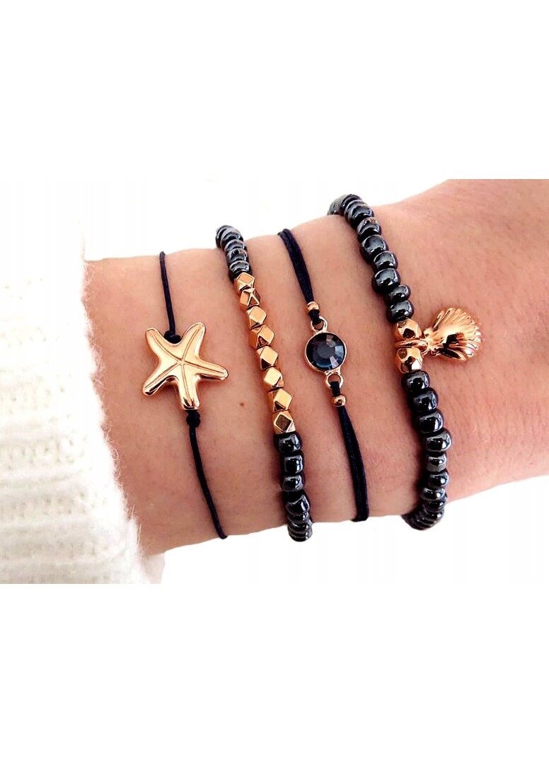 Set bratari margele dama, Metal/Snur, Auriu/Negru, 4 bucati - eMAG.ro