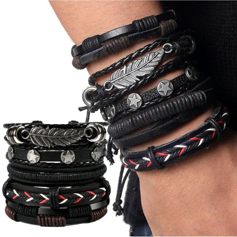 Set de 5 bratari pentru barbati, Edibazzar, Piele, Negru - eMAG.ro