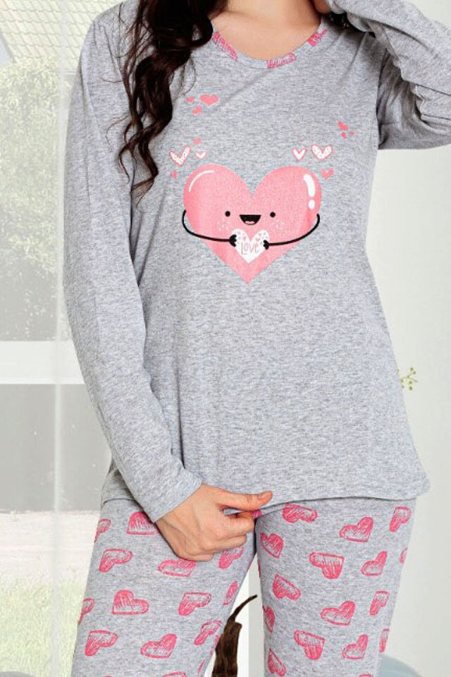 Pijama femei, maneca lunga, bumbac, Inimioara, gri - eMAG.ro