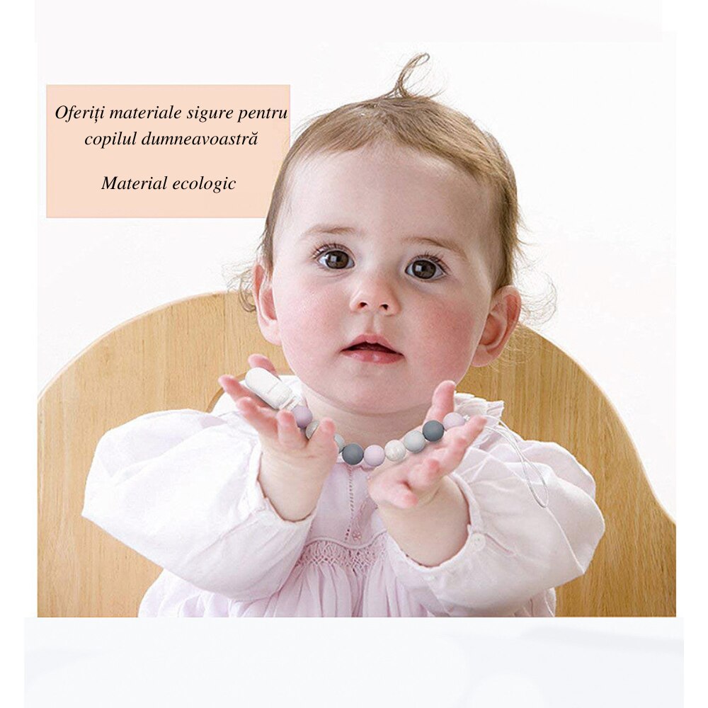 Set 2 bucati lantisor pentru suzeta cu bilute silicon, cu clema de ...