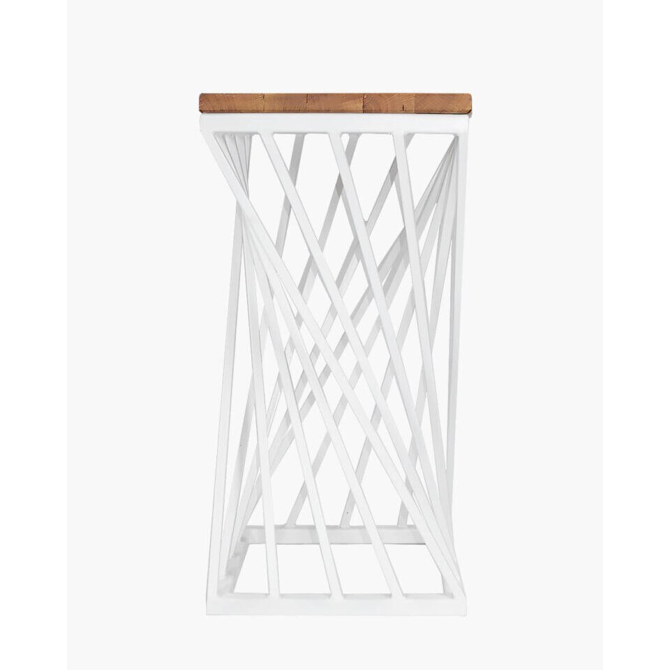 Scaun de bar industrial cu spite rasucite din metal alb si lemn natur ...