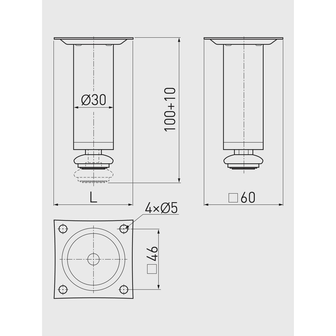 Picior reglabil mobilier sofa D-100, 10 cm, cilindric, metalic, finisaj ...