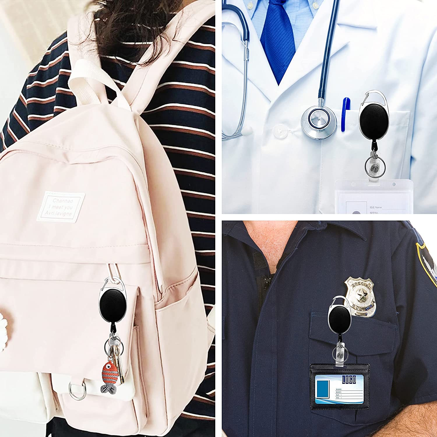 Set 5 suporti pentru legitimatie, YATOVUR, Retractabile, Negru/Argintiu ...