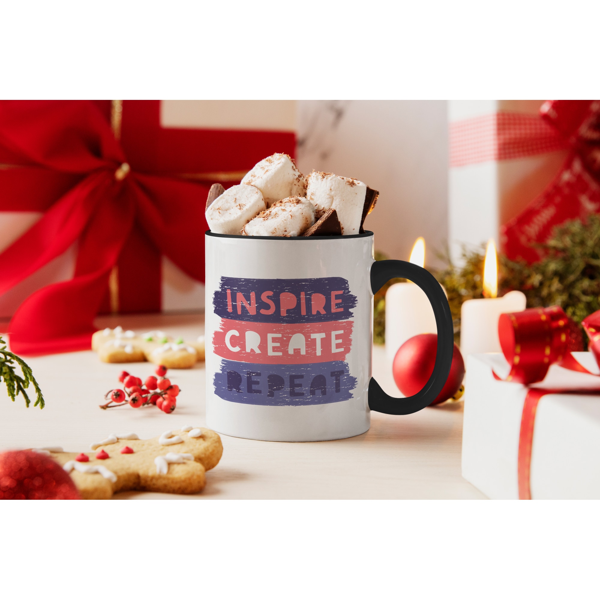 Чаша Inspire, Create, Repeat, керамична, с черна дръжка, 330 ml ...