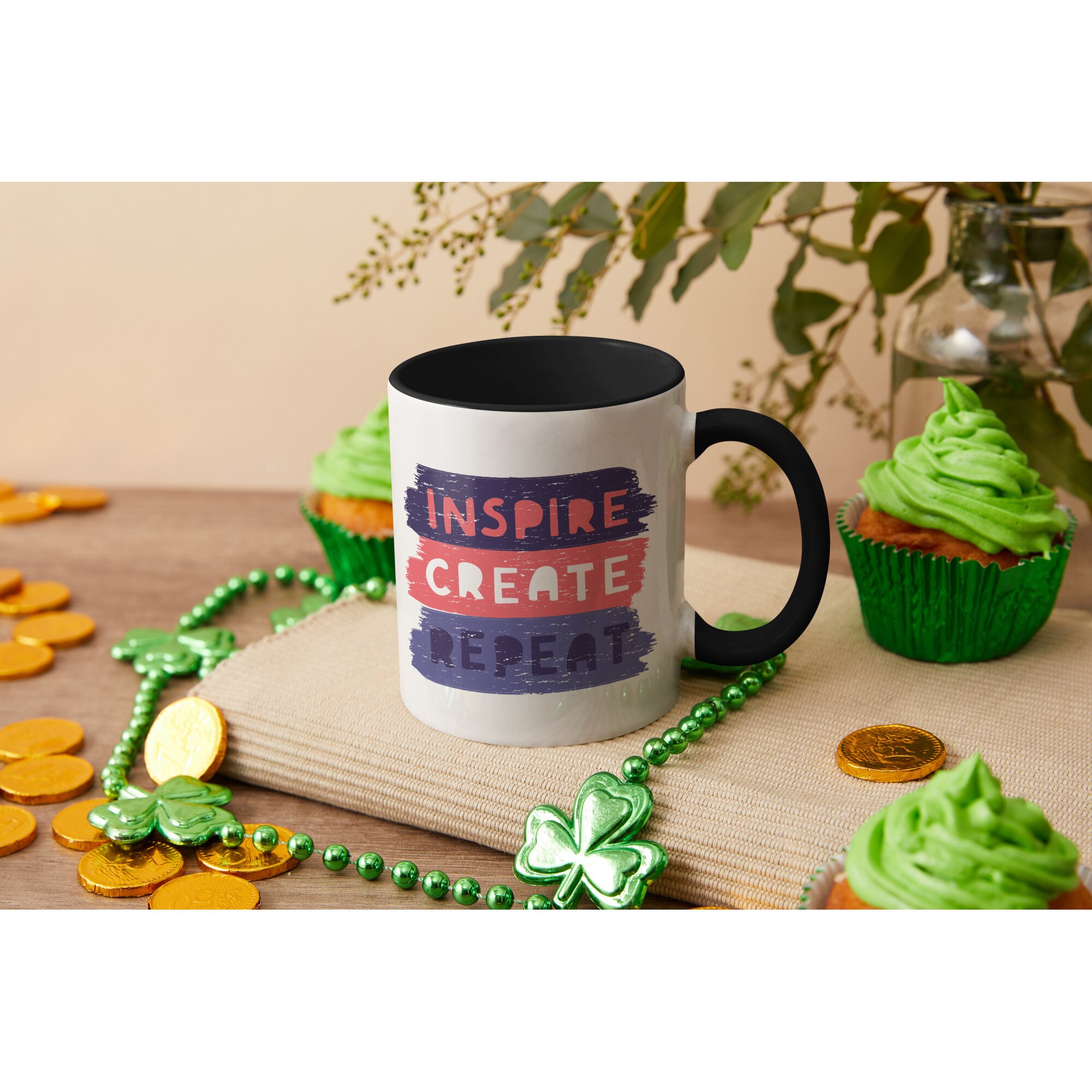 Чаша Inspire, Create, Repeat, керамична, с черна дръжка, 330 ml ...