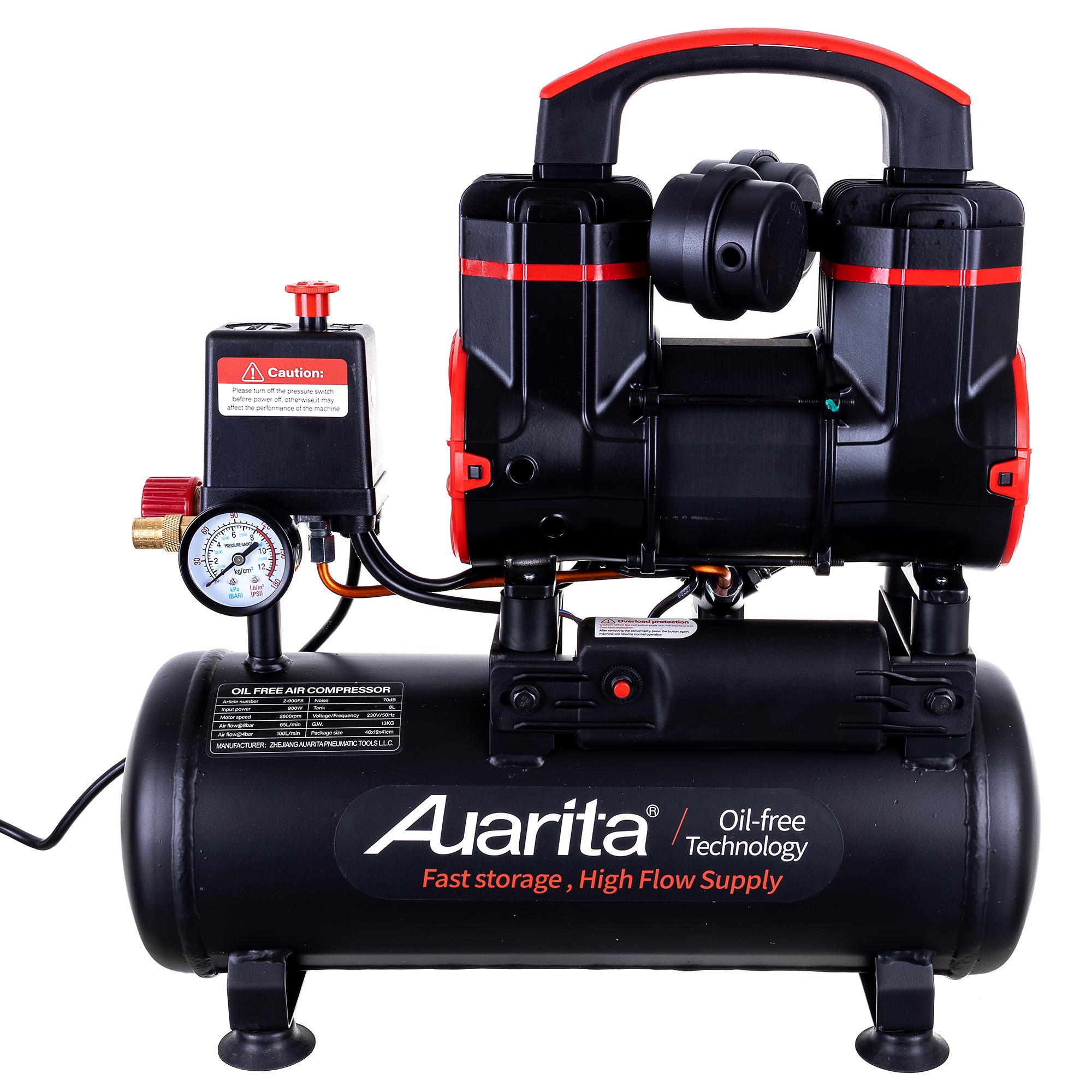 Compresor de aer silentios, AUARITA, 8L, 900W, fara ulei, 8 bar, doua ...