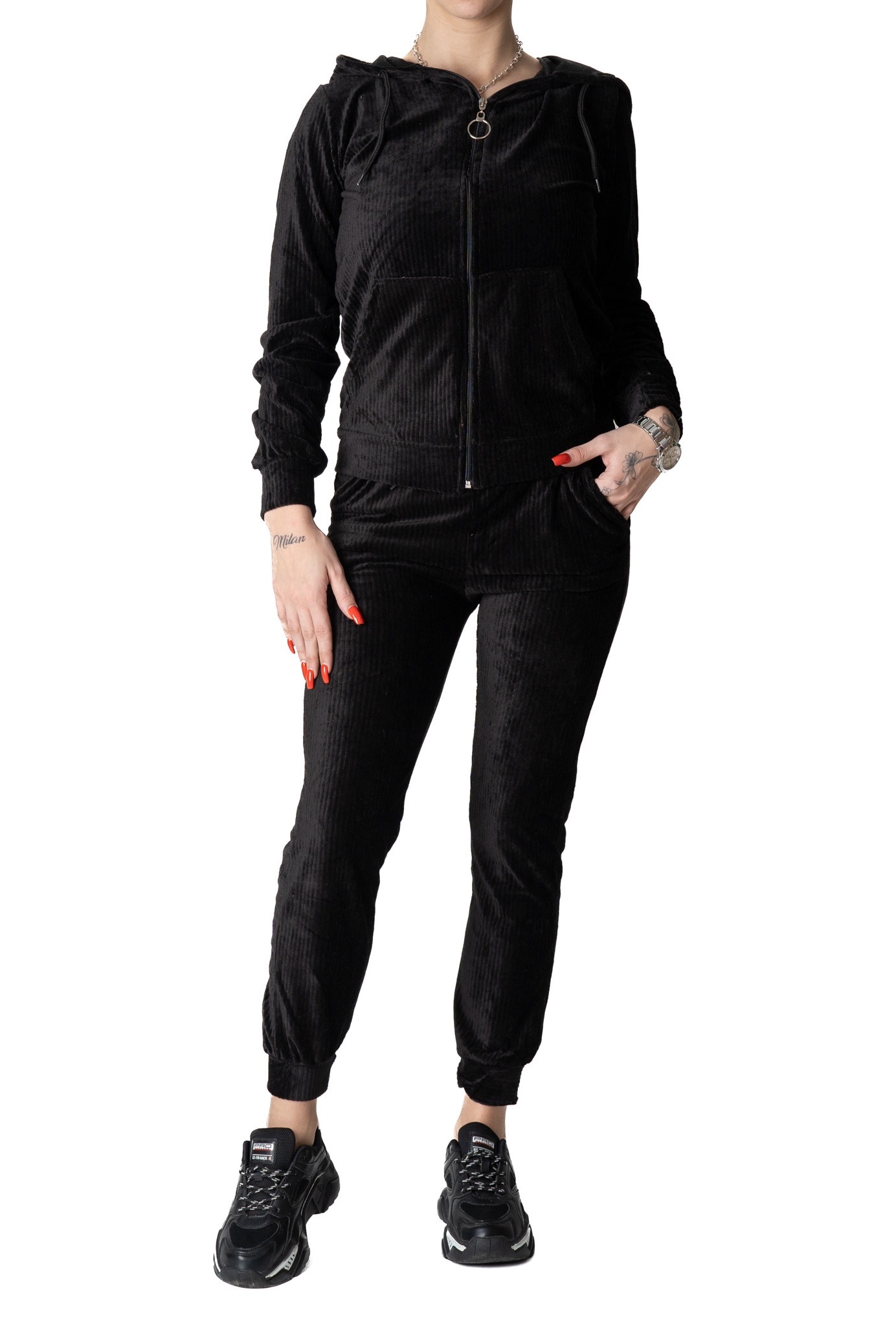 Trening Catifea Raiata Din 2 Piese cu Pantaloni sI Bluza Negru Alexa XL ...