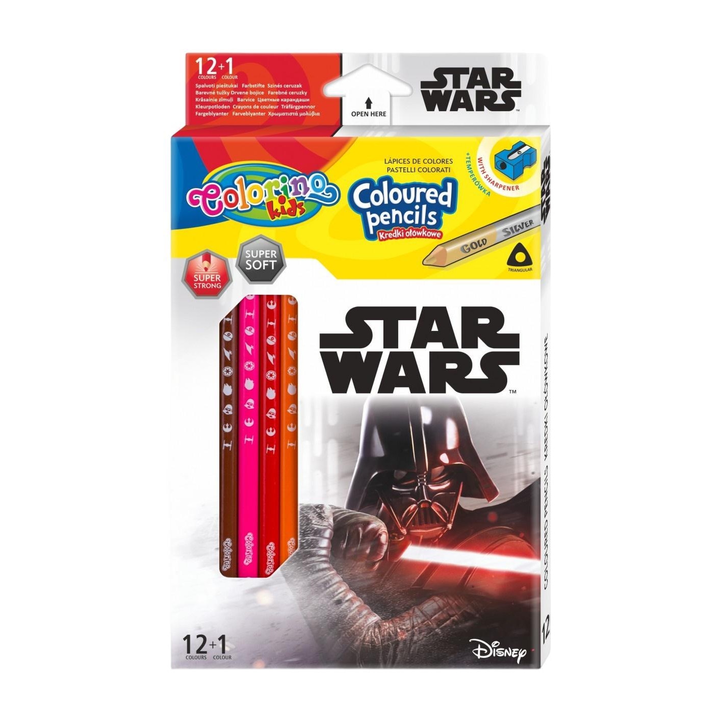 Комплект 12 цветни молива и острилка, Colorino Kids, Star Wars ...