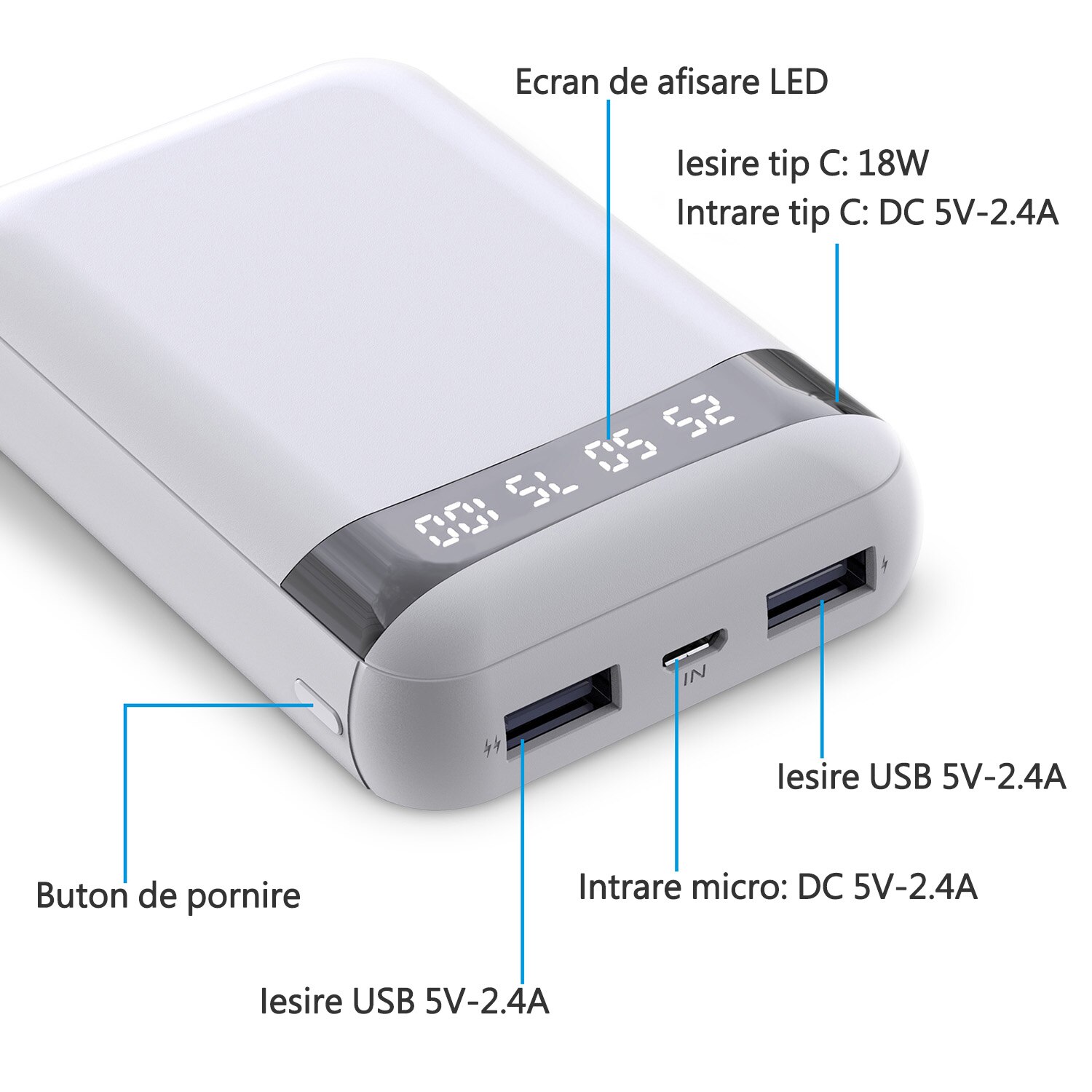 Acumulator extern 10000mAh JvGoal®, PD 18W, Type C In&Out, 2 USB, Micro ...
