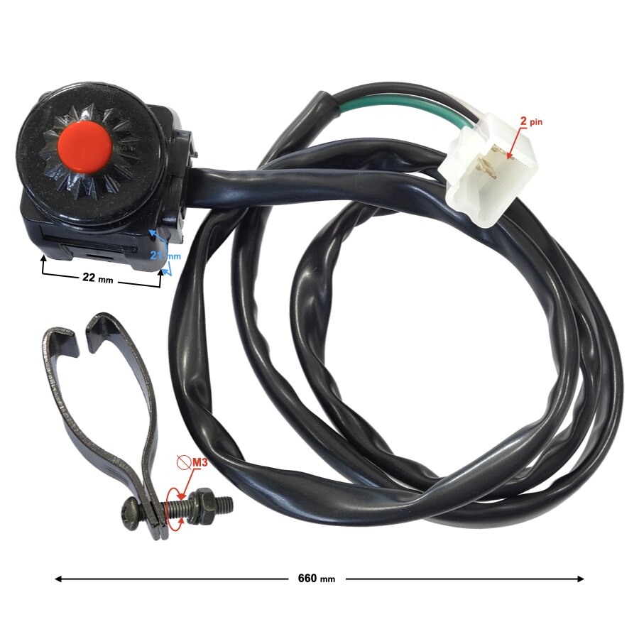 Buton oprire motociclete/atv, 2 pini, prindere pe ghidon, buton rosu ...