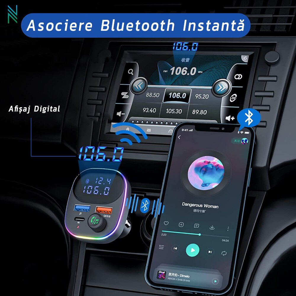Modulator FM Nimox® Bluetooth 5.0, Hands-Free, Transmitator auto cu ...