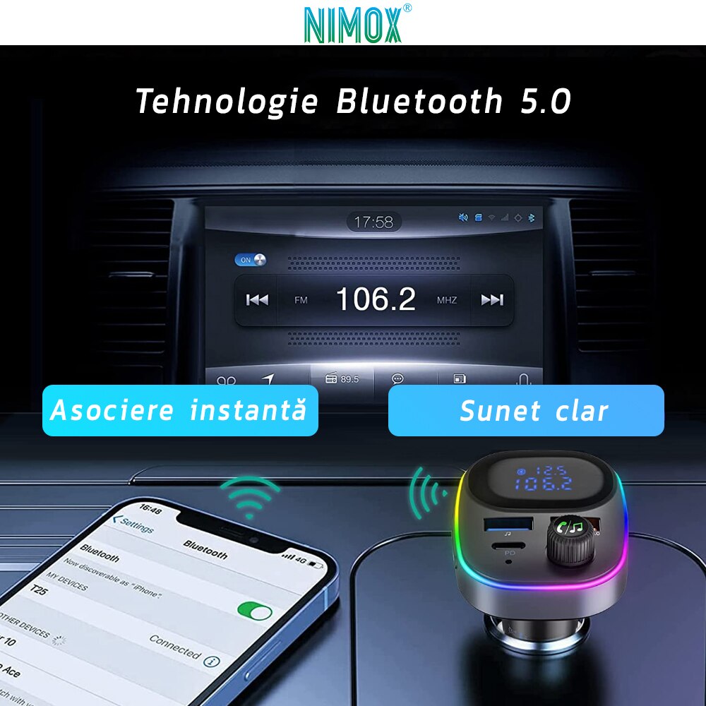 Modulator FM Nimox® Bluetooth 5.0, Hands-Free, Transmitator auto cu ...