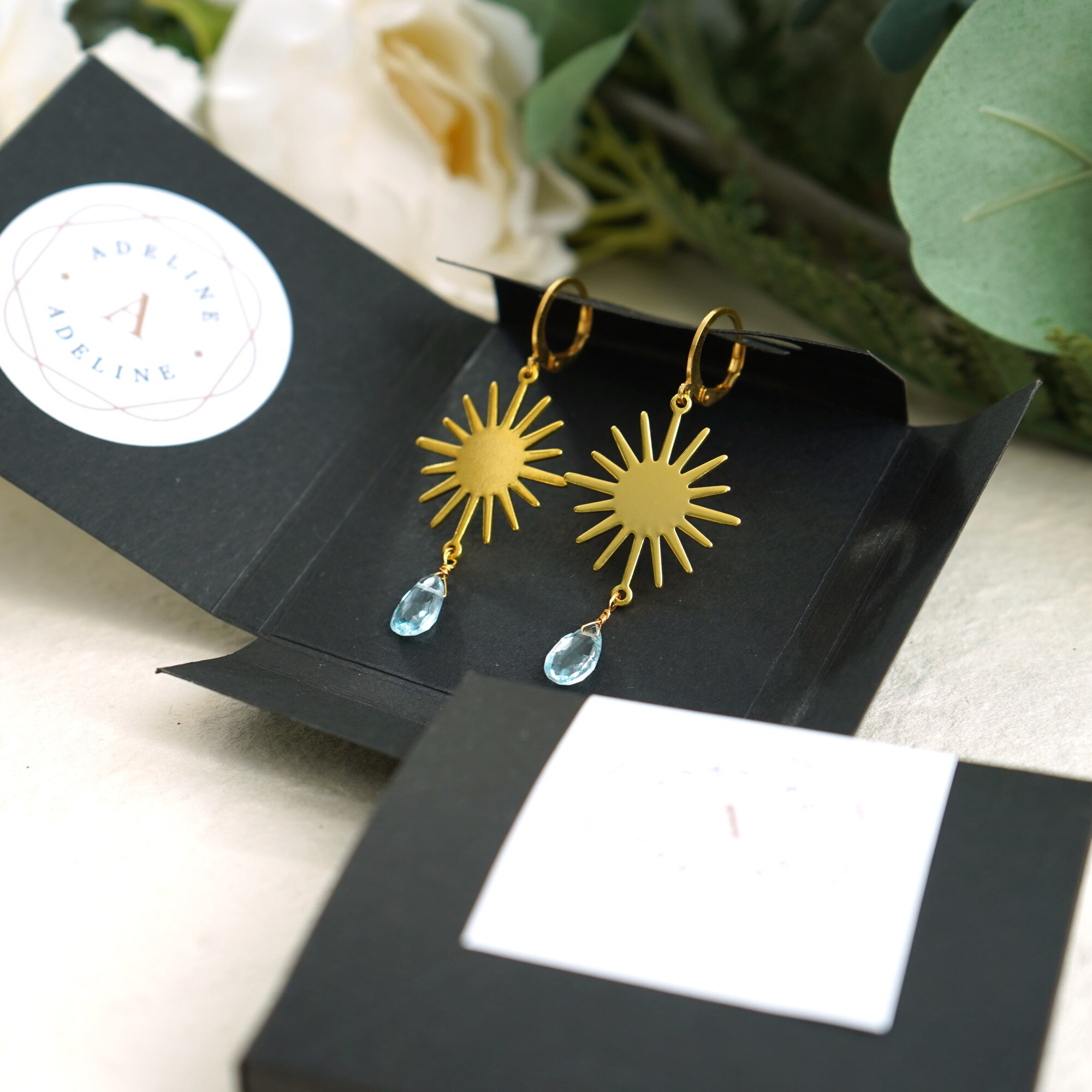 Cercei Handmade, Model Soare, Piatra Topaz Natural, 5,5x2,4 Cm - eMAG.ro