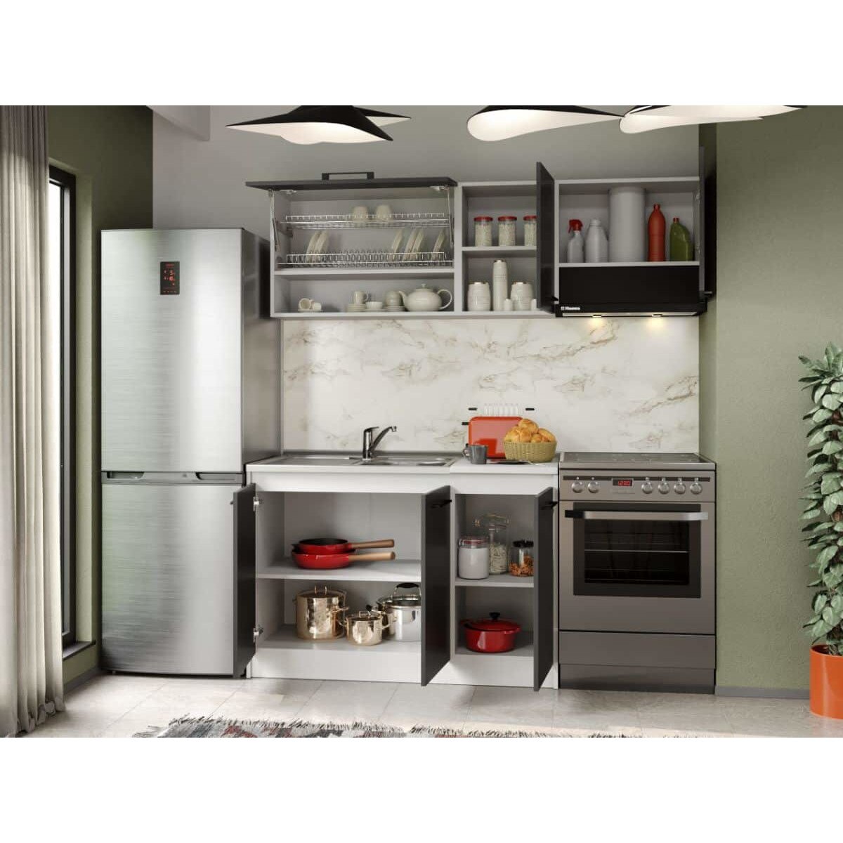 Set Mobila Bucatarie, Mina Grafit, Gri Antracit, C78, L 182 x A 60 x H ...