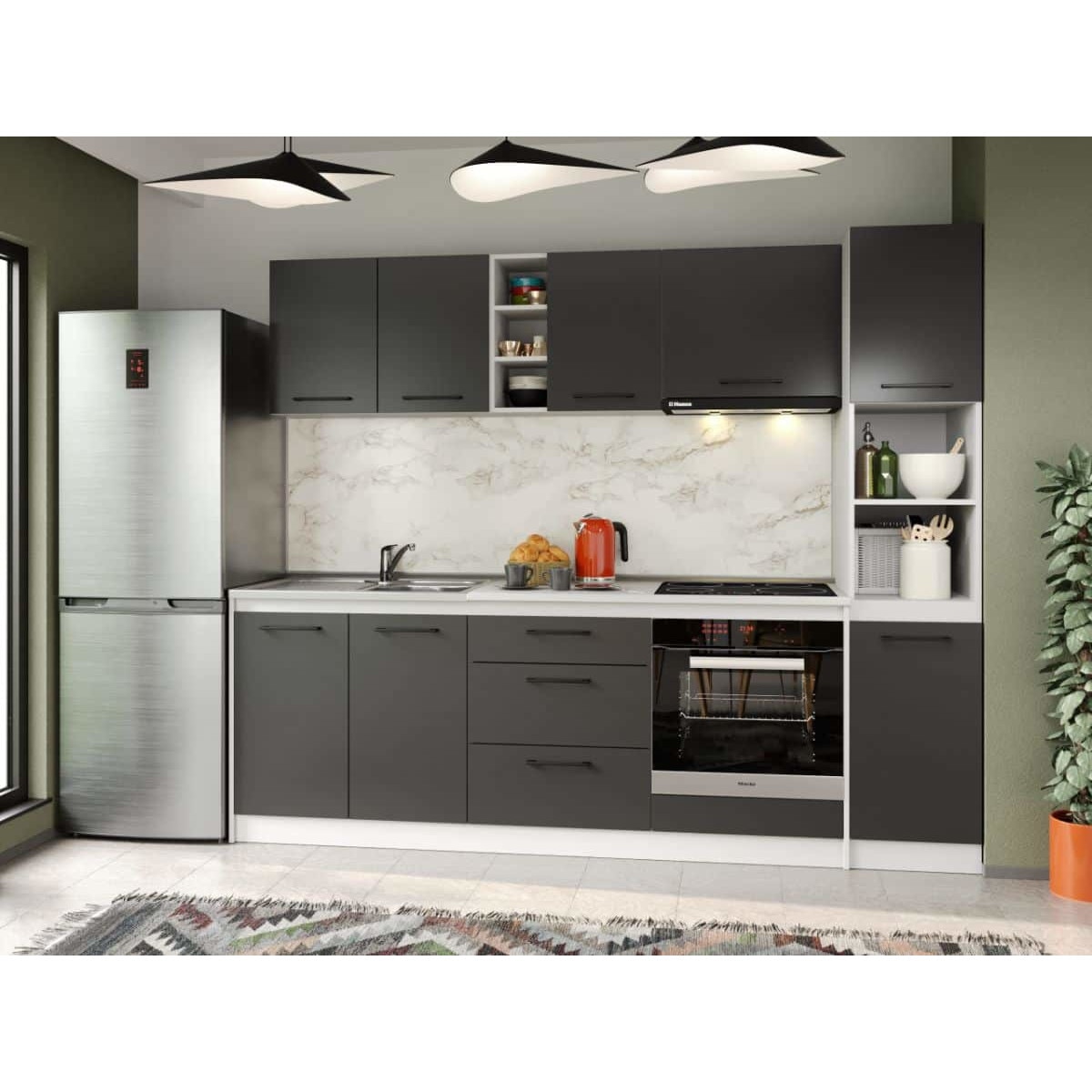 Set Mobila Bucatarie, Mina Grafit, Gri Antracit, C81, L 244.2 x A 60 x ...