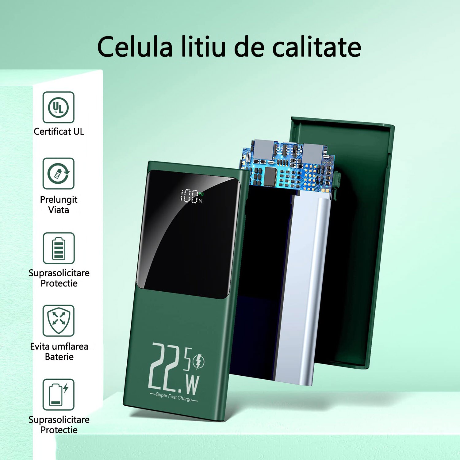 Acumulator extern, Jonkuu, 10000mAh, Quick Charge 3.0 + PD 22.5W, 2 x ...