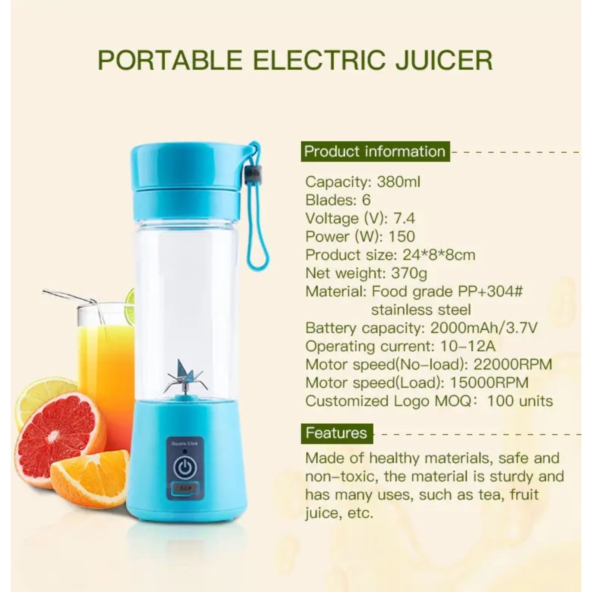 Mini blender electric portabil cu 6 lame 3D, incarcare prin USB, pentru prepararea de sucuri ...